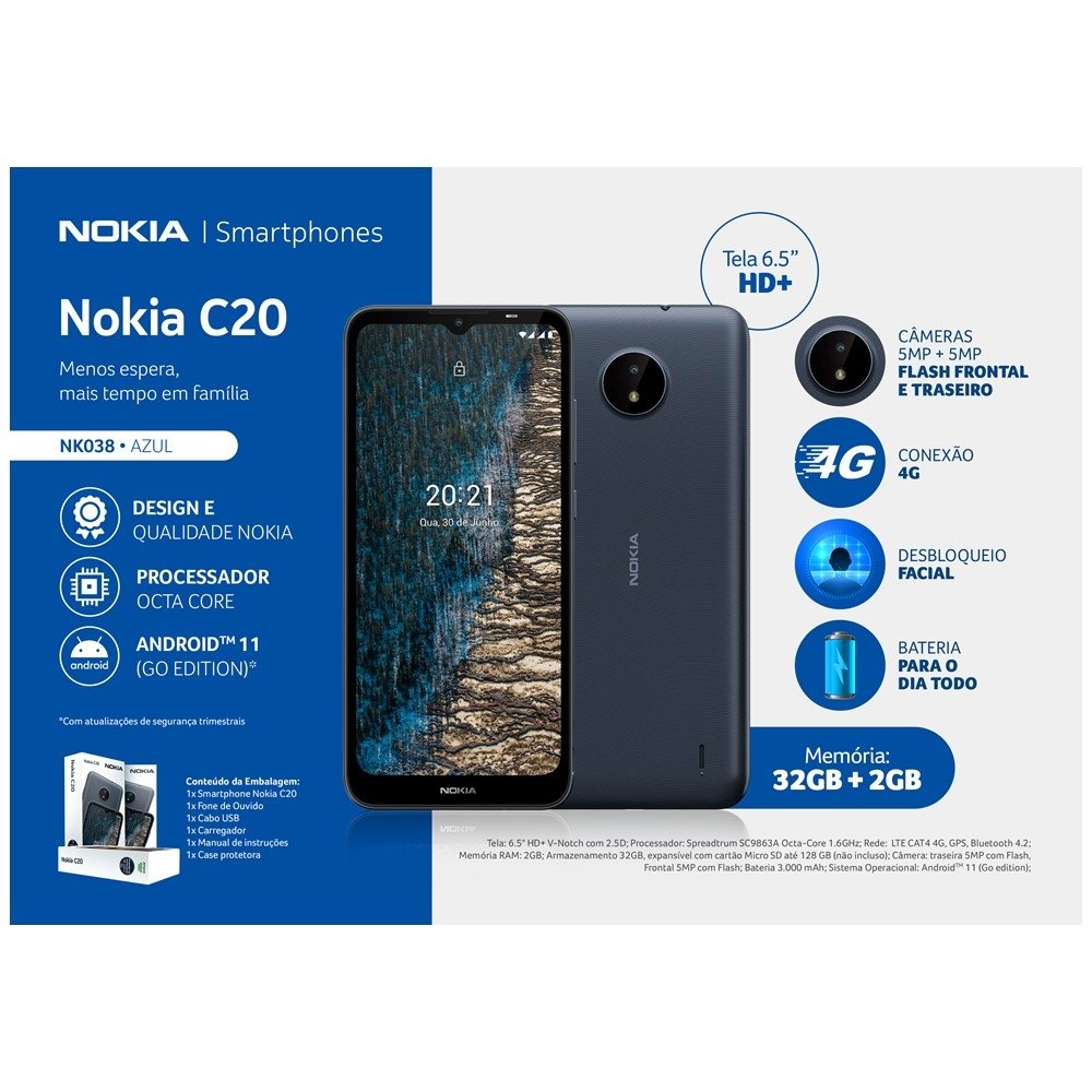 Smartphone Nokia C20 Android Tela 6.5" 32GB Câmera 5MP Octa-Core 1.6GHz ...